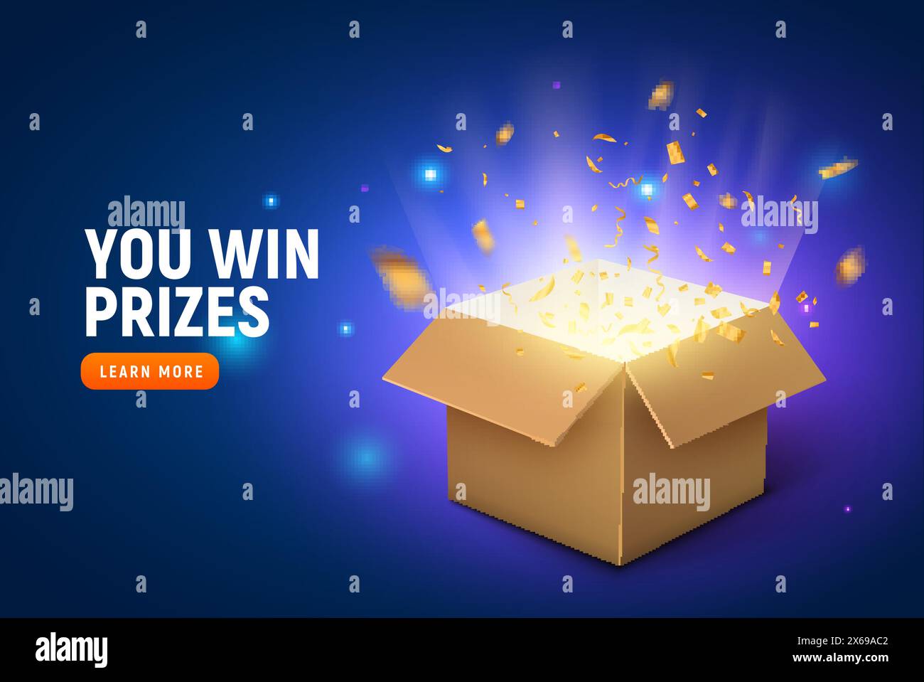 Vector prize gift box confetti explosion background. Open box winner ...
