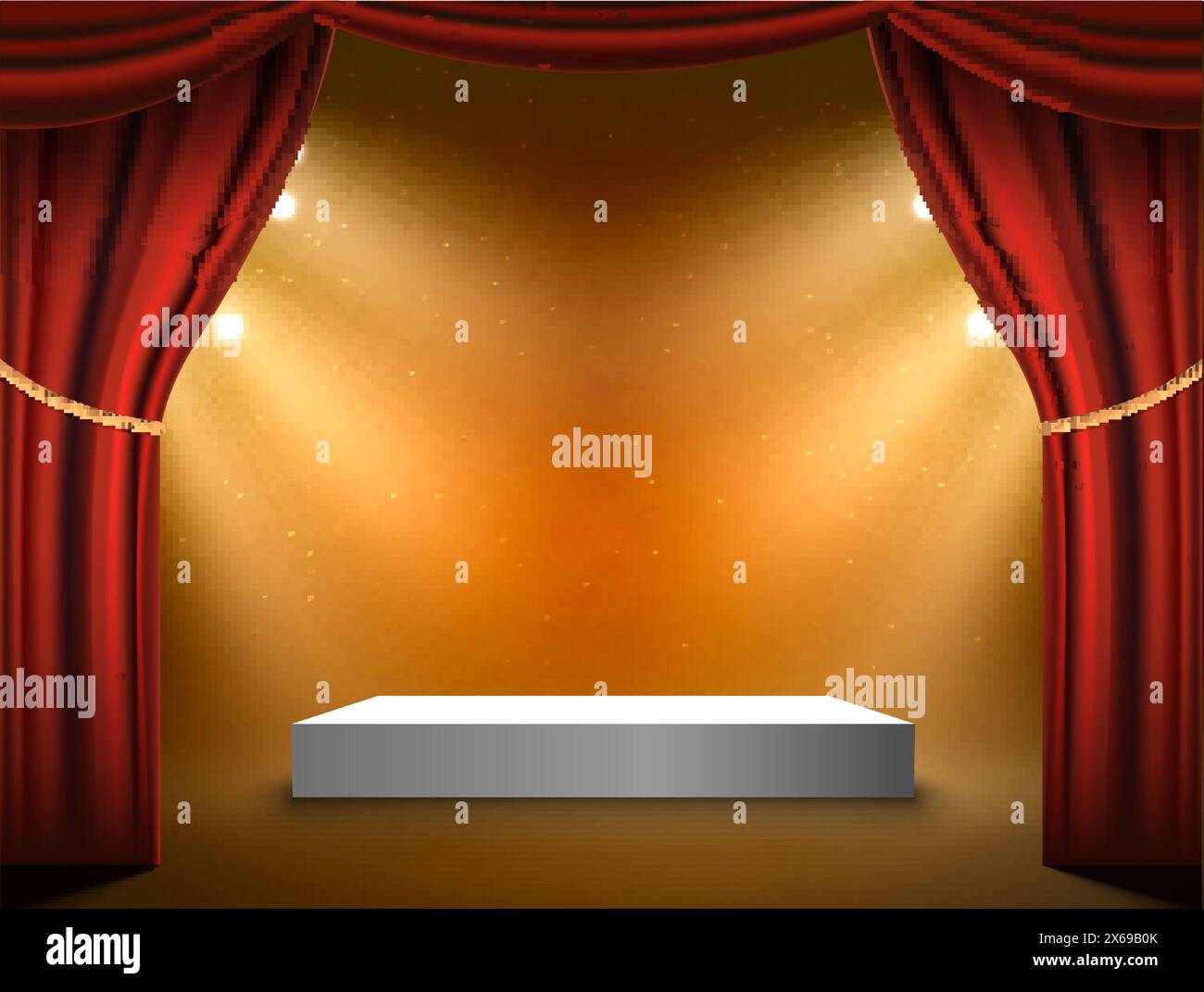 Podium vector stage background. Red curtains show light award podium ...
