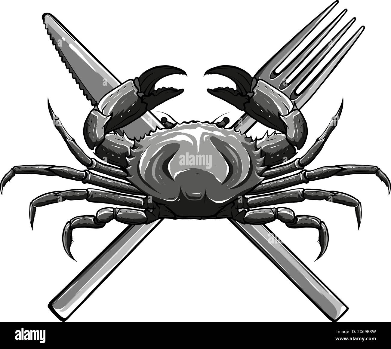 Monochrome of crab with cutlery cross vector illustration hand drawn ...