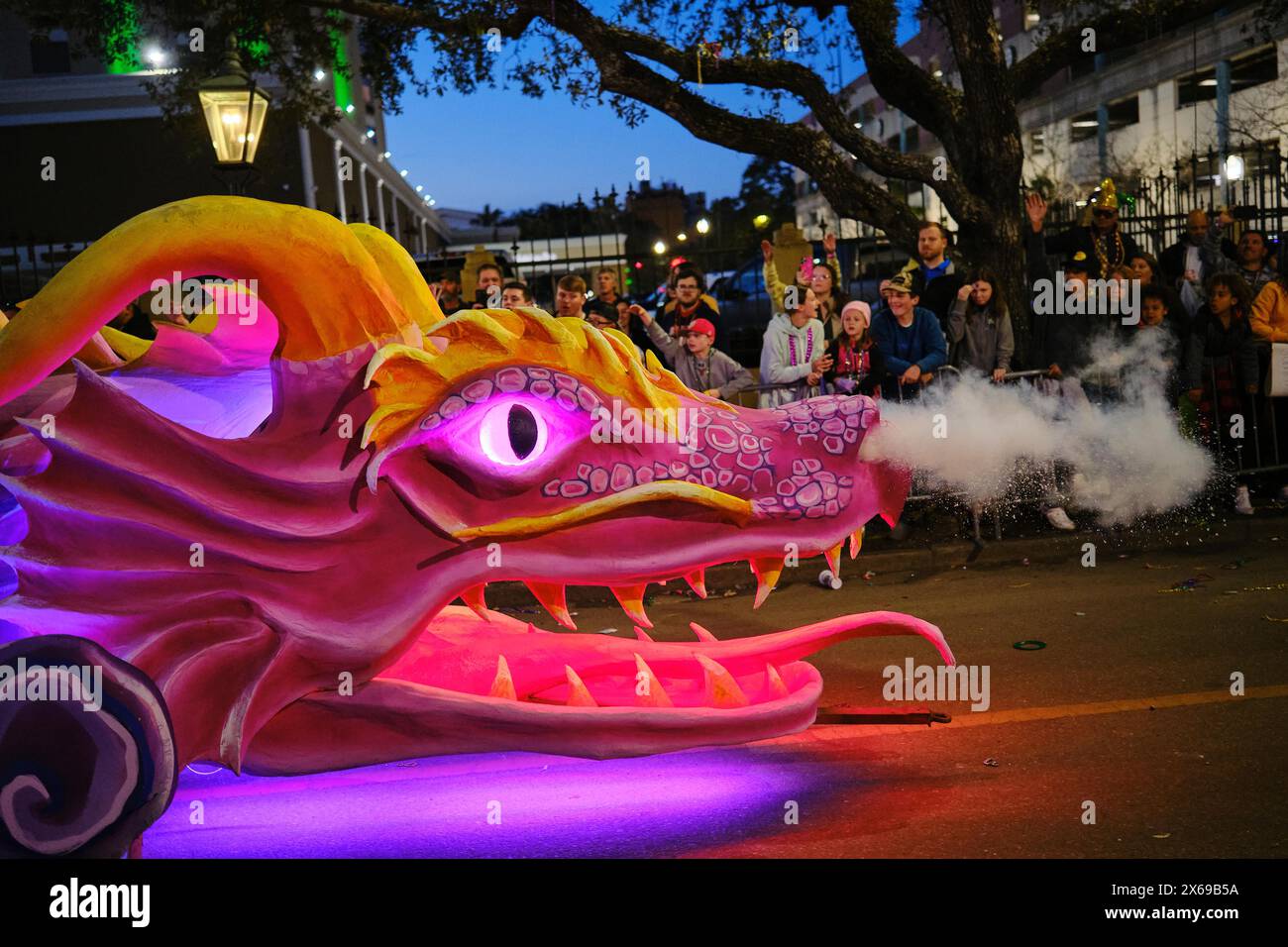 Mobile, Alabama, USA. 18th Feb, 2023. A dragon themed float breathes ...