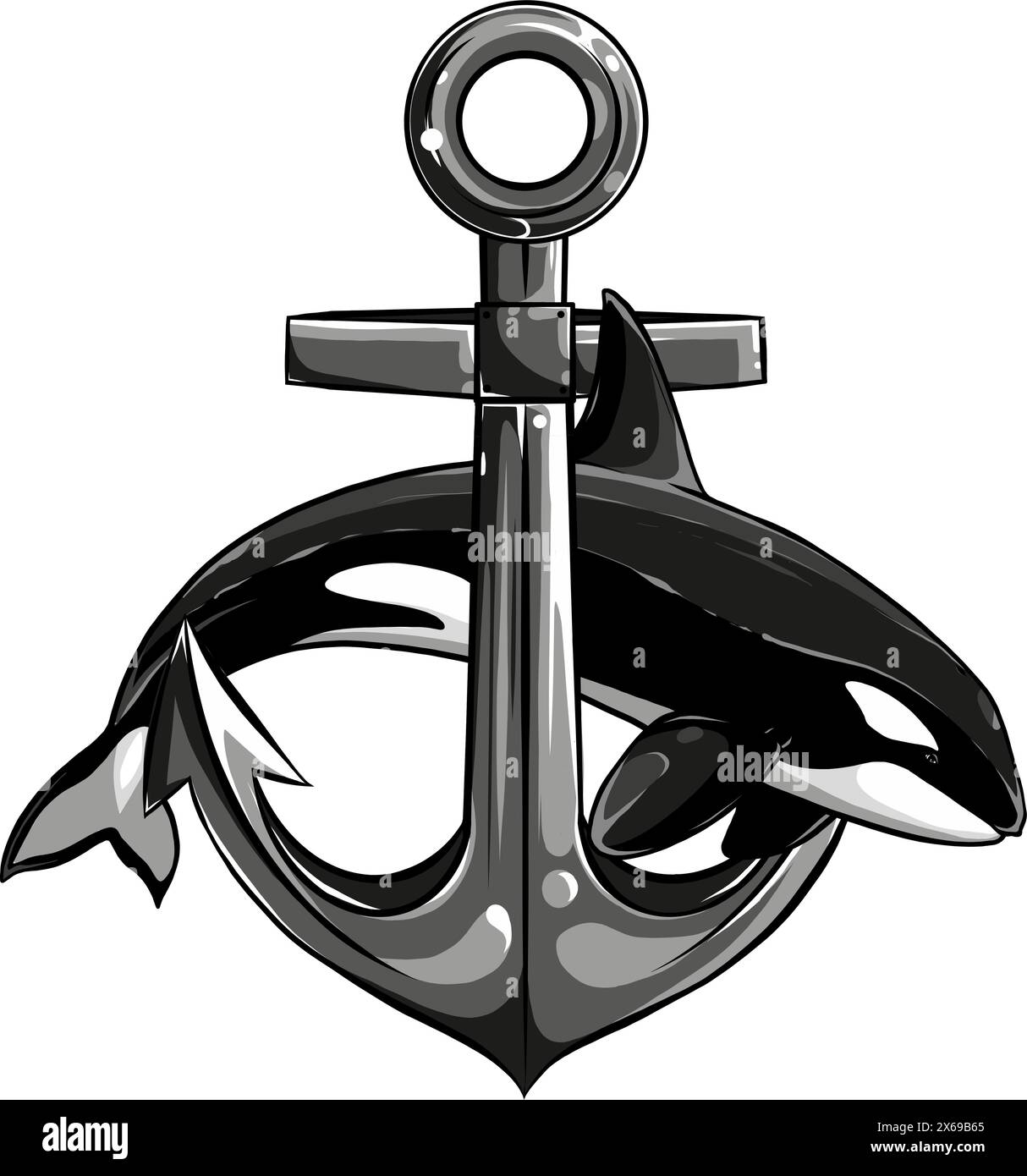 vector illustration of Orca Killer Whale with anchor Stock Vector Image ...