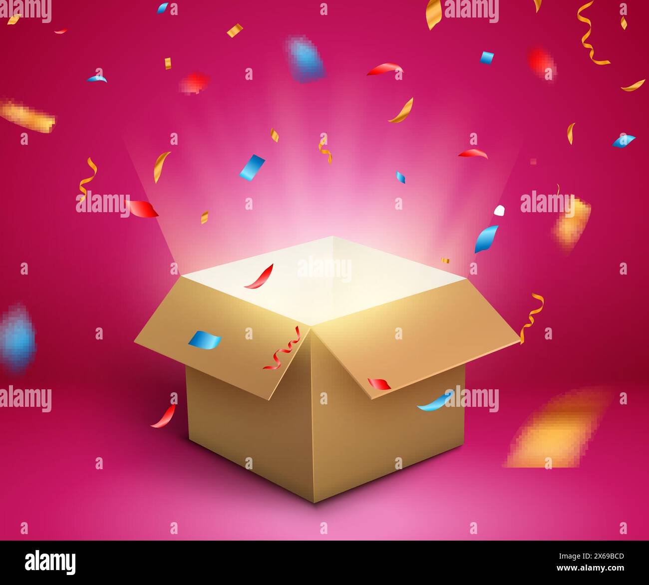 Gift box confetti explosion. Magic open surprise gift box package ...