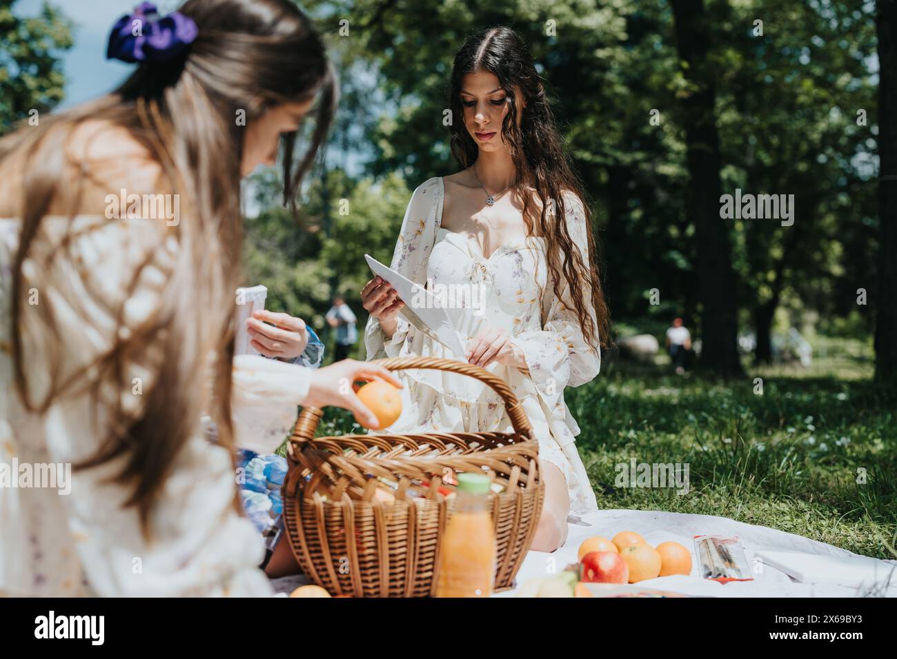 Sisters enjoying a sunny picnic in the park, sharing moments and ...