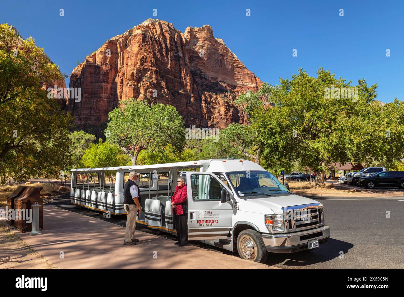 Tourist bus at Zion Lodge, Zion National Park, Colorado Plateau, Utah ...