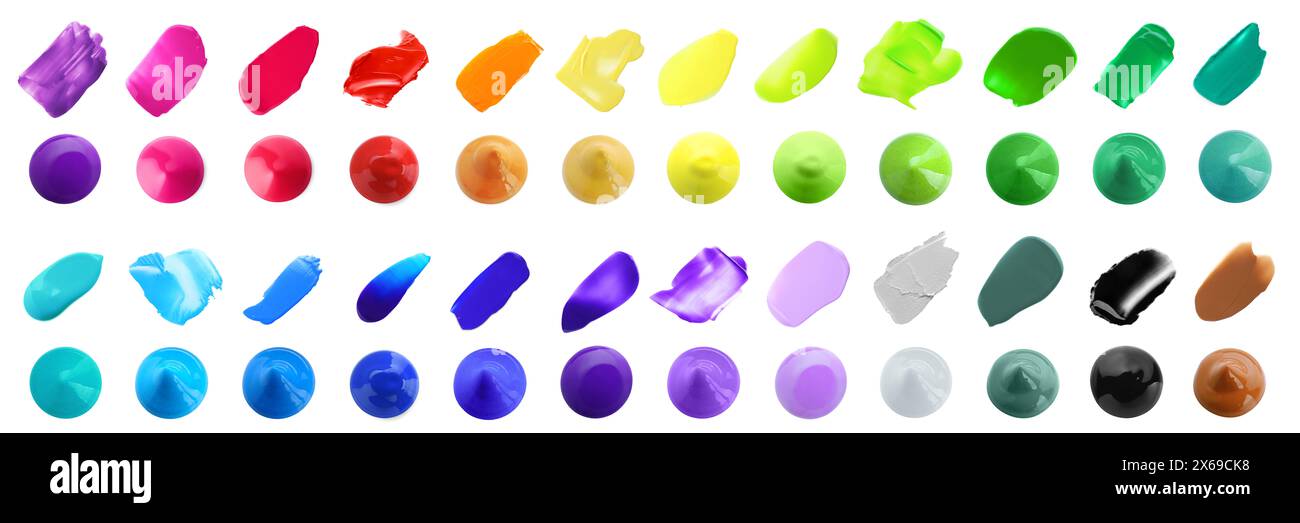 Set with paint samples of different colors isolated on white, top view ...