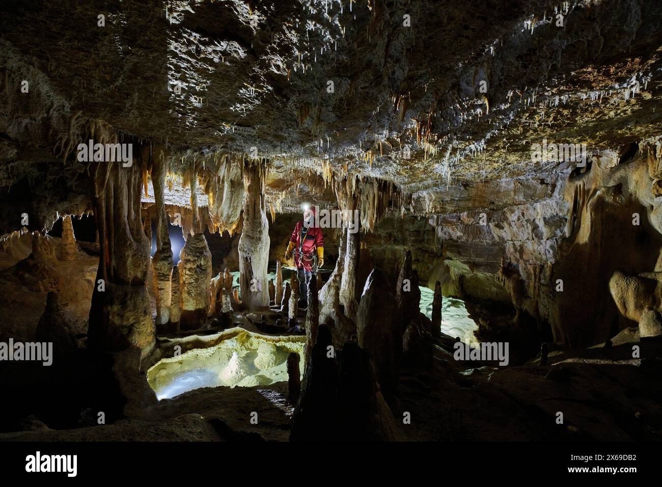 Cave explorers in the forest of stalagmites and stalactites Stock Photo ...