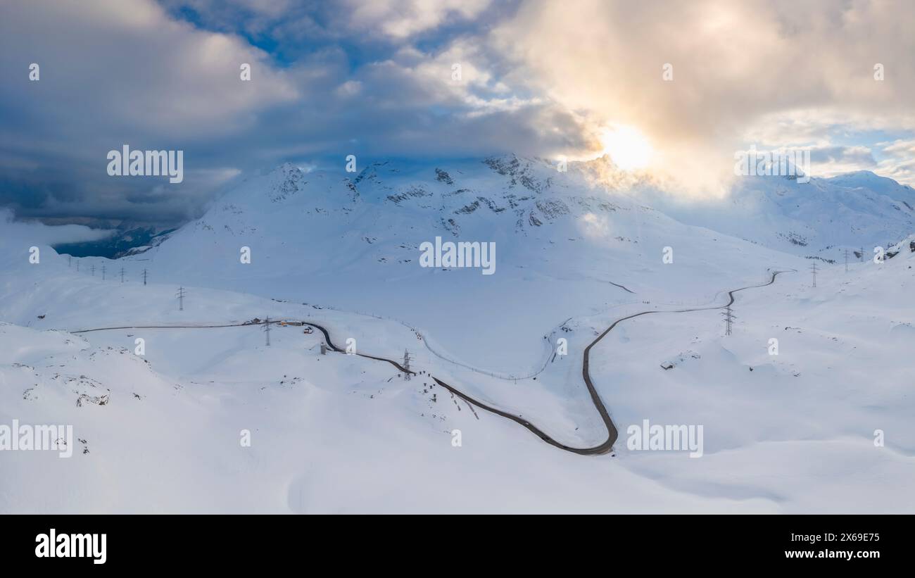 Aerial view of the frozen lakes and mountains at Bernina pass ...