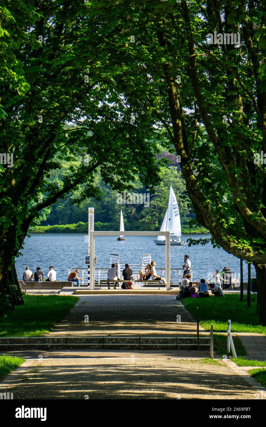 Lake Baldeney in Essen, tree-lined avenue at Seaside Beach, jetty of ...