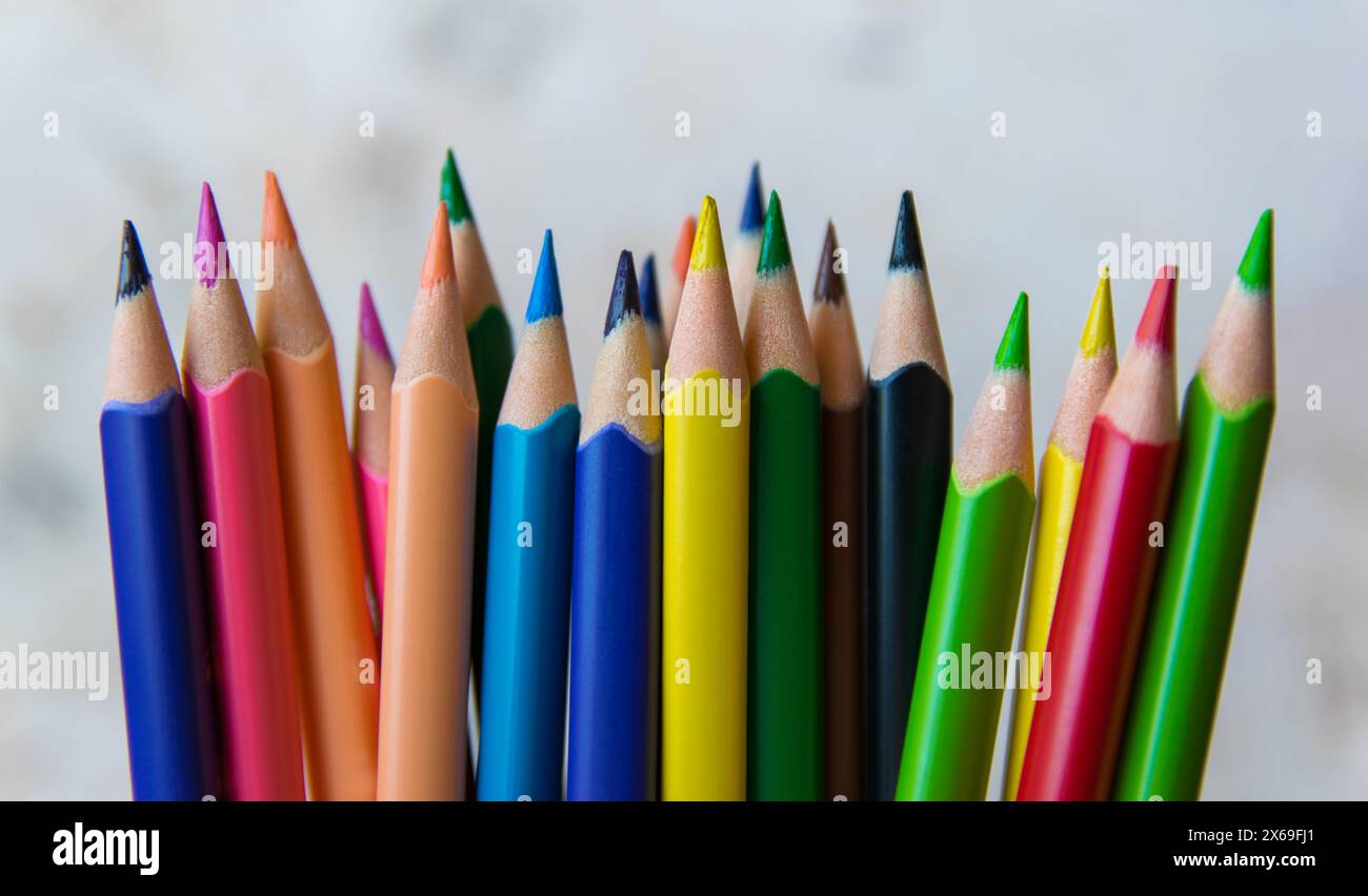 Much color pencils on the light natural background. Close up. Design ...