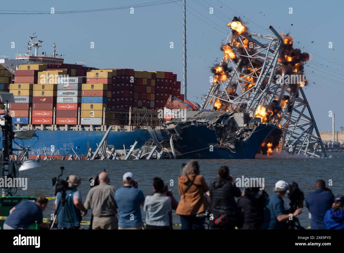 Explosive charges are detonated to bring down sections of the collapsed ...