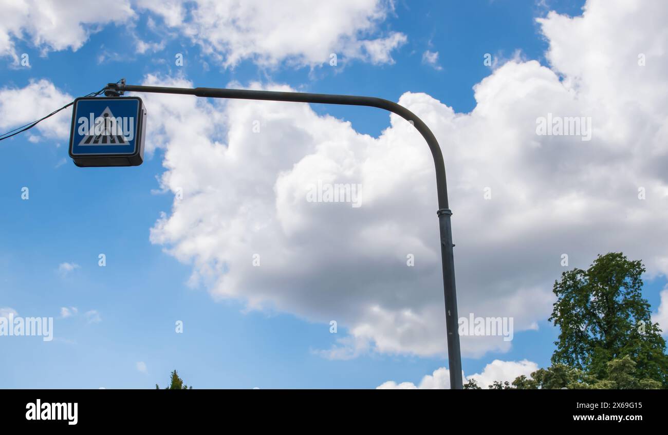 Metalic traffic sing crosswalk on summer road near the tree with the ...