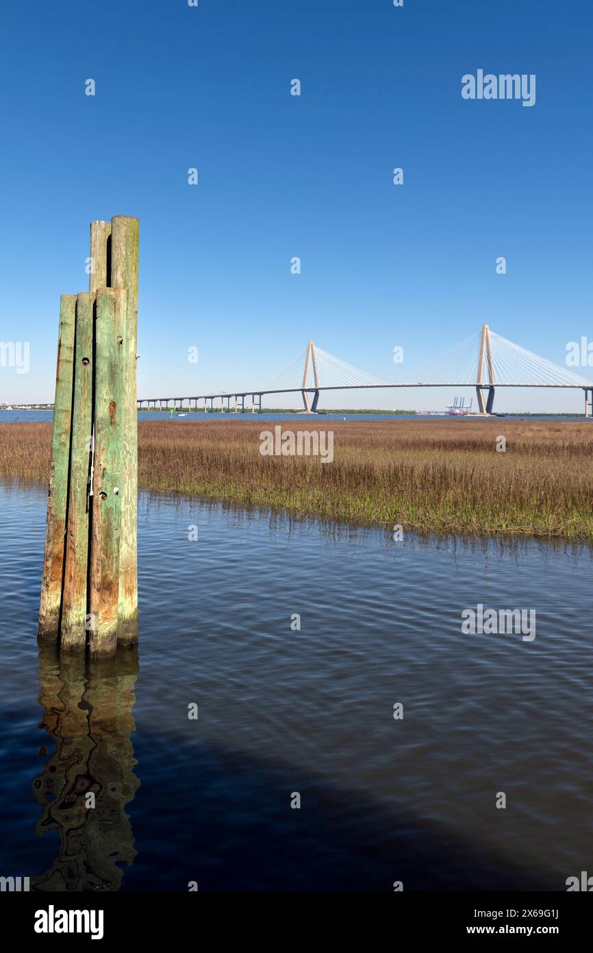Arthur Ravenel Bridge, also known as Cooper Bridge, over harbor in ...