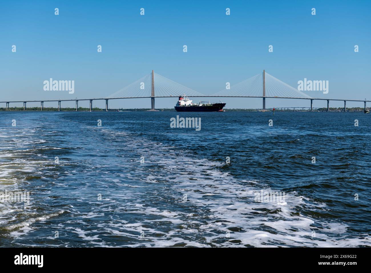 Arthur Ravenel Bridge, also known as Cooper Bridge, over harbor in ...