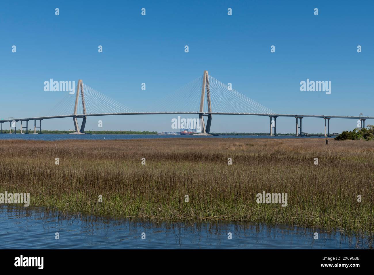 Arthur Ravenel Bridge, also known as Cooper Bridge, over harbor in ...