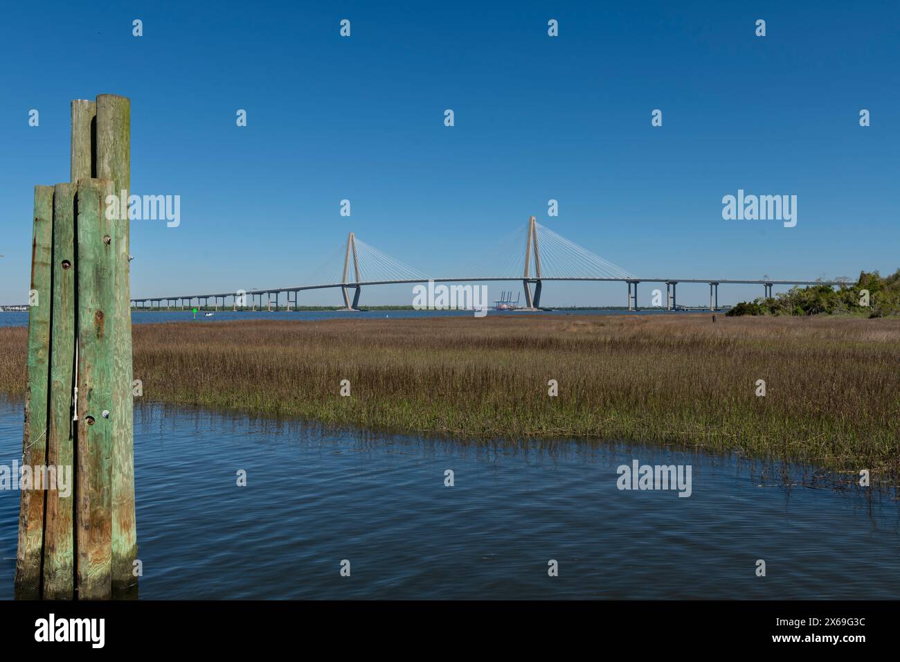 Arthur Ravenel Bridge, also known as Cooper Bridge, over harbor in ...