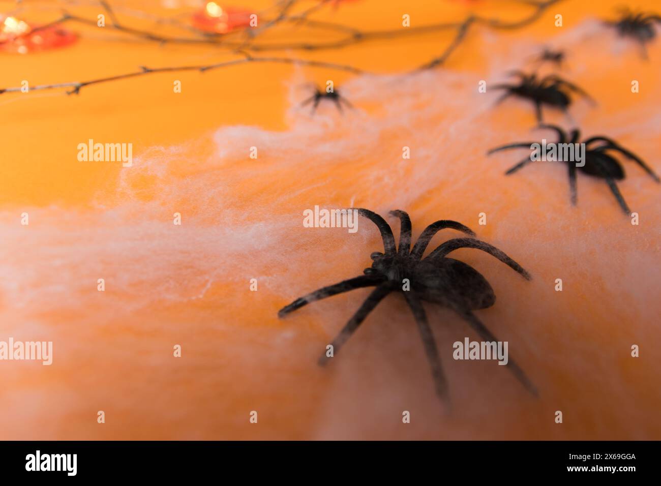 Halloween decorations, pumpkins, web, spines on orange background ...
