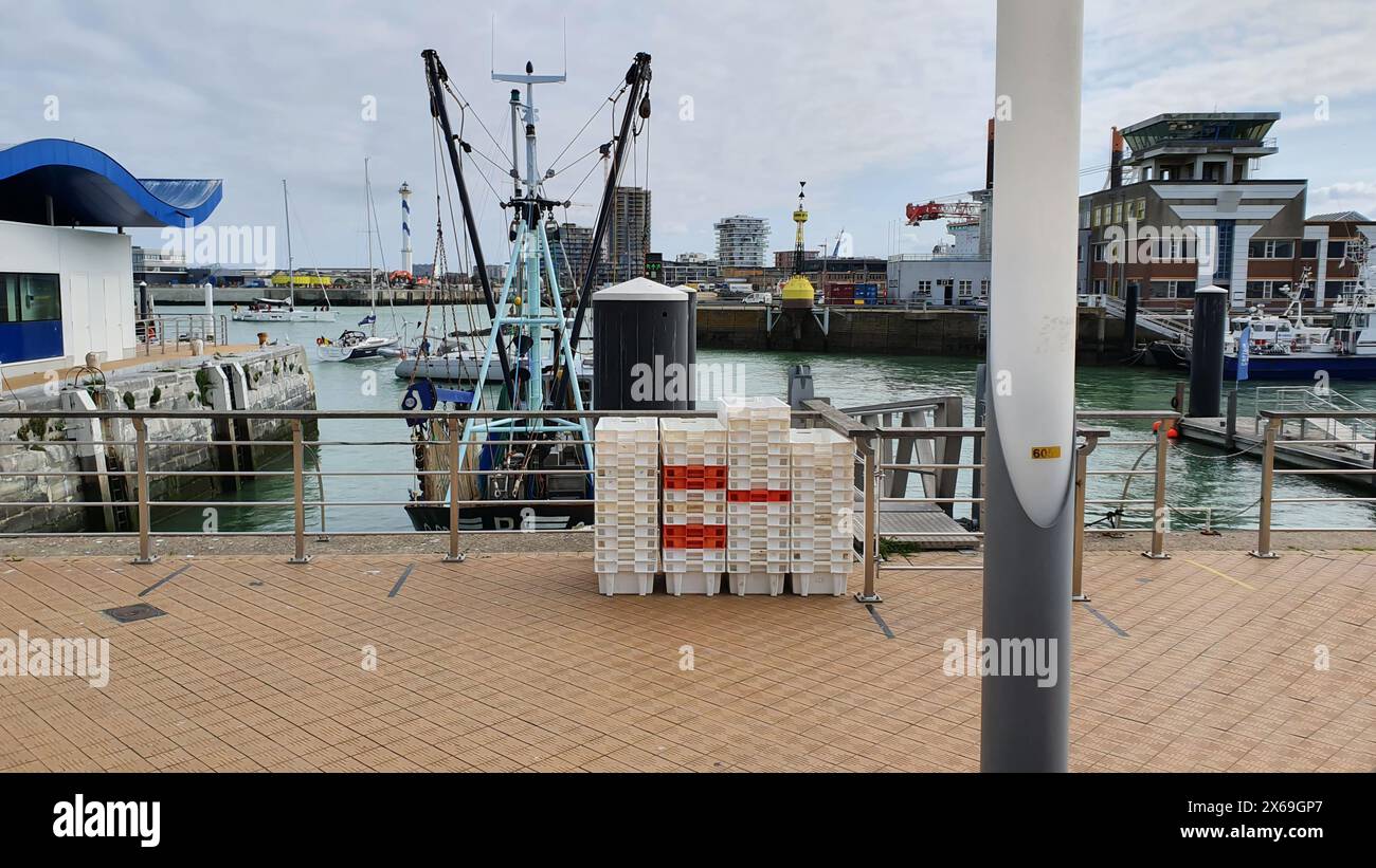 Port with yachts, ship, crane, buildings. Water transport in the harbor ...