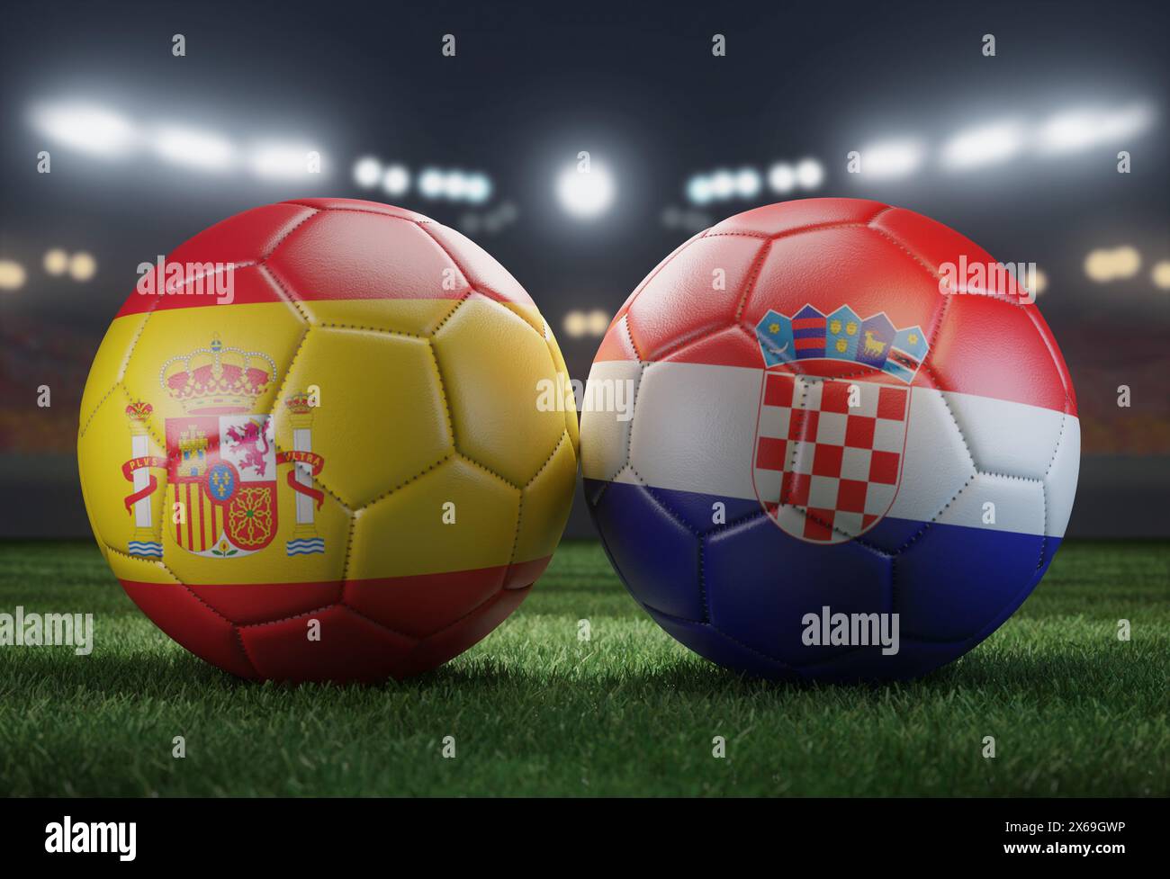 Two soccer balls in flags colors on a stadium blurred background. Group ...