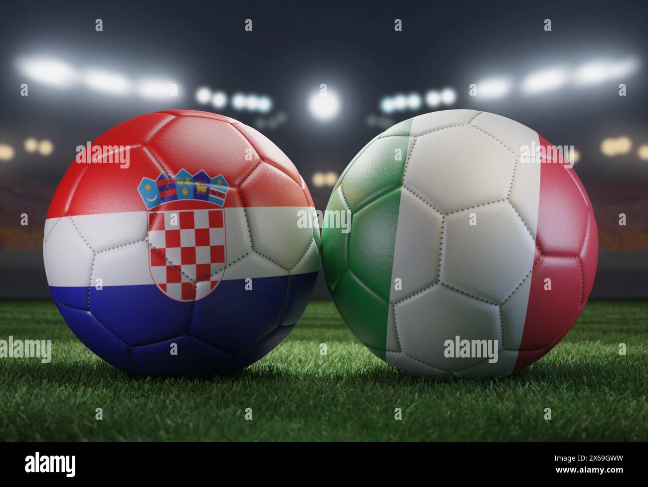 Two soccer balls in flags colors on a stadium blurred background. Group B. Croatia and Italy. 3D ...