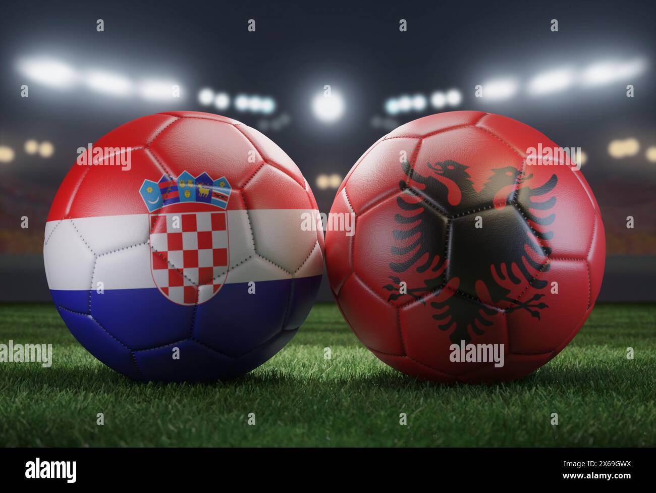 Two soccer balls in flags colors on a stadium blurred background. Group ...