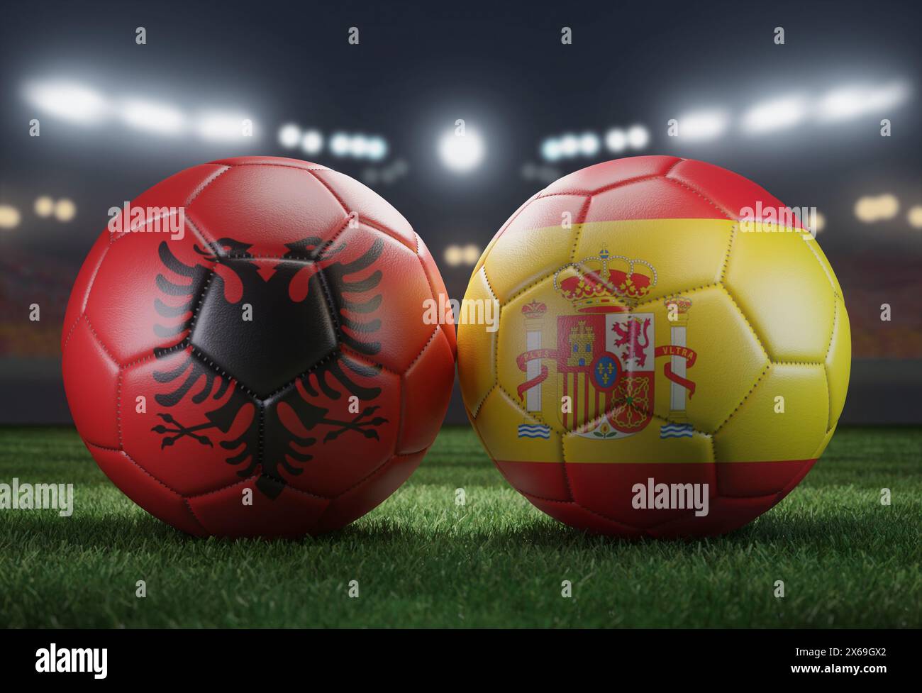 Two soccer balls in flags colors on a stadium blurred background. Group ...