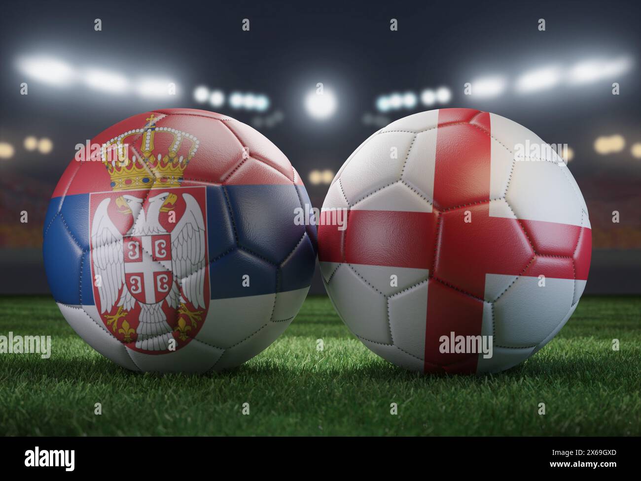Two soccer balls in flags colors on a stadium blurred background. Group ...
