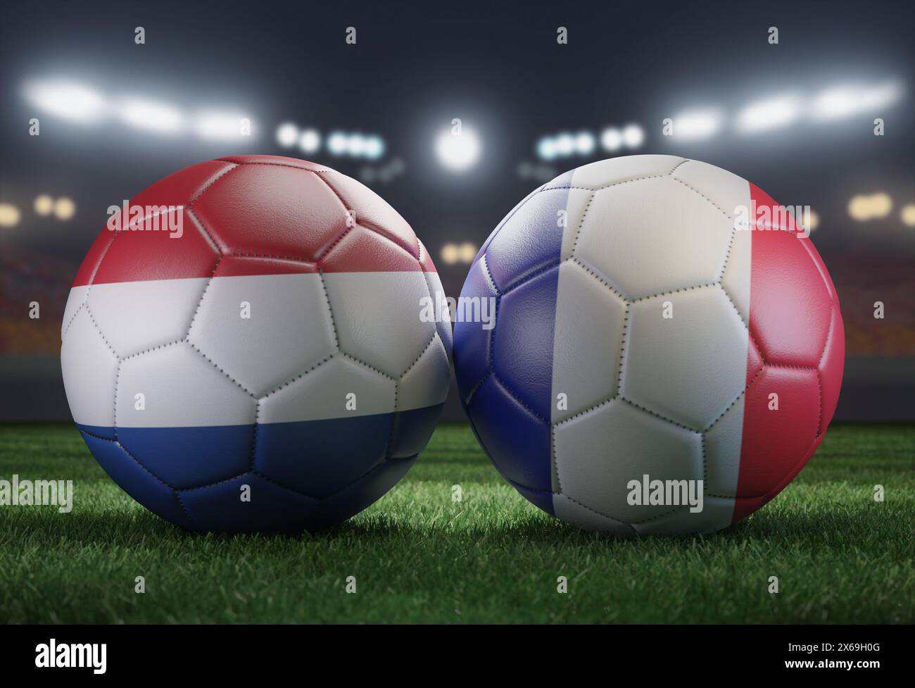 Two soccer balls in flags colors on a stadium blurred background. Group ...