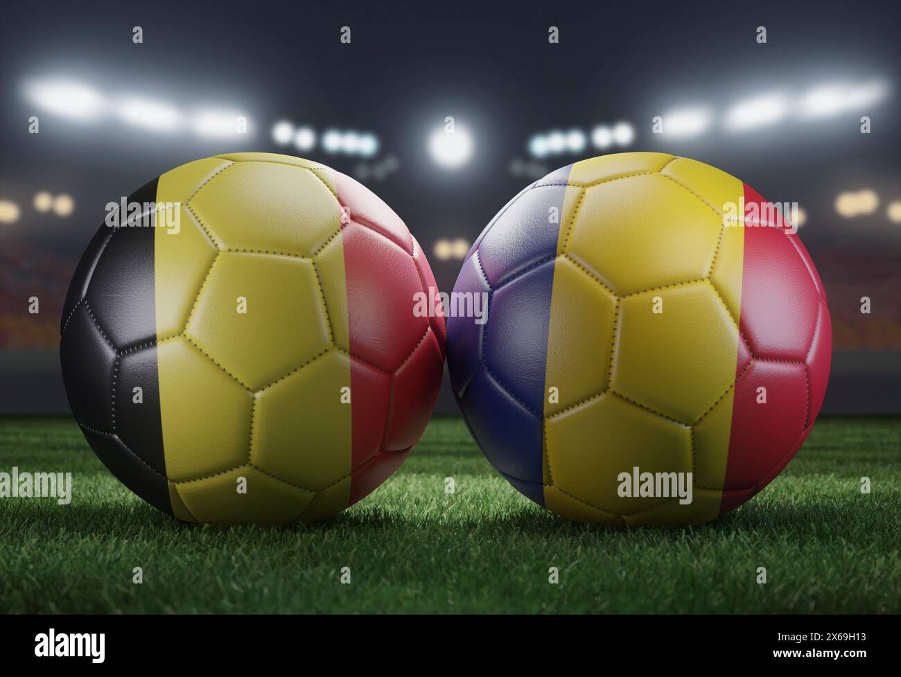 Two soccer balls in flags colors on a stadium blurred background. Group ...