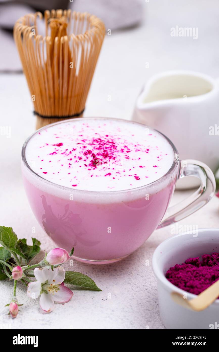 Pink matcha latte with milk Stock Photo - Alamy