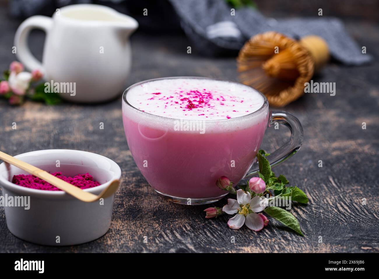 Pink matcha latte with milk Stock Photo - Alamy