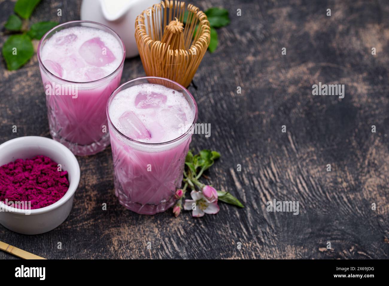 Pink matcha ice latte with milk Stock Photo - Alamy
