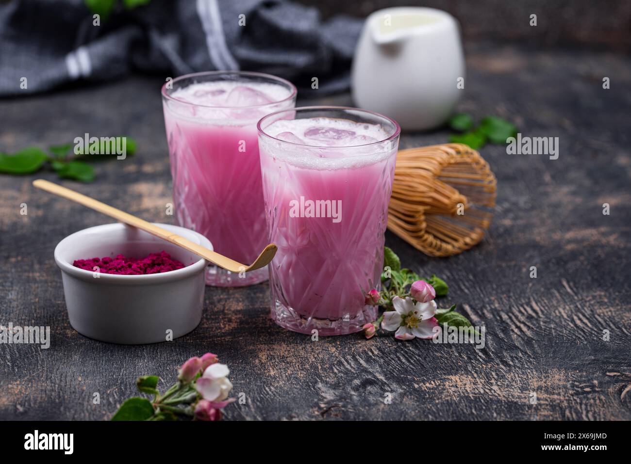 Pink matcha ice latte with milk Stock Photo - Alamy