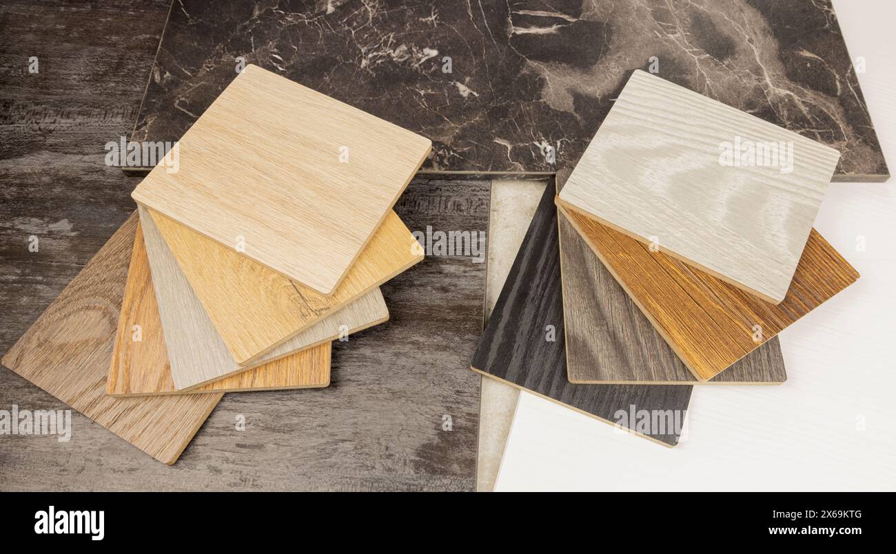 Tree-like samples of MDF laminated material. Concept of furniture and ...