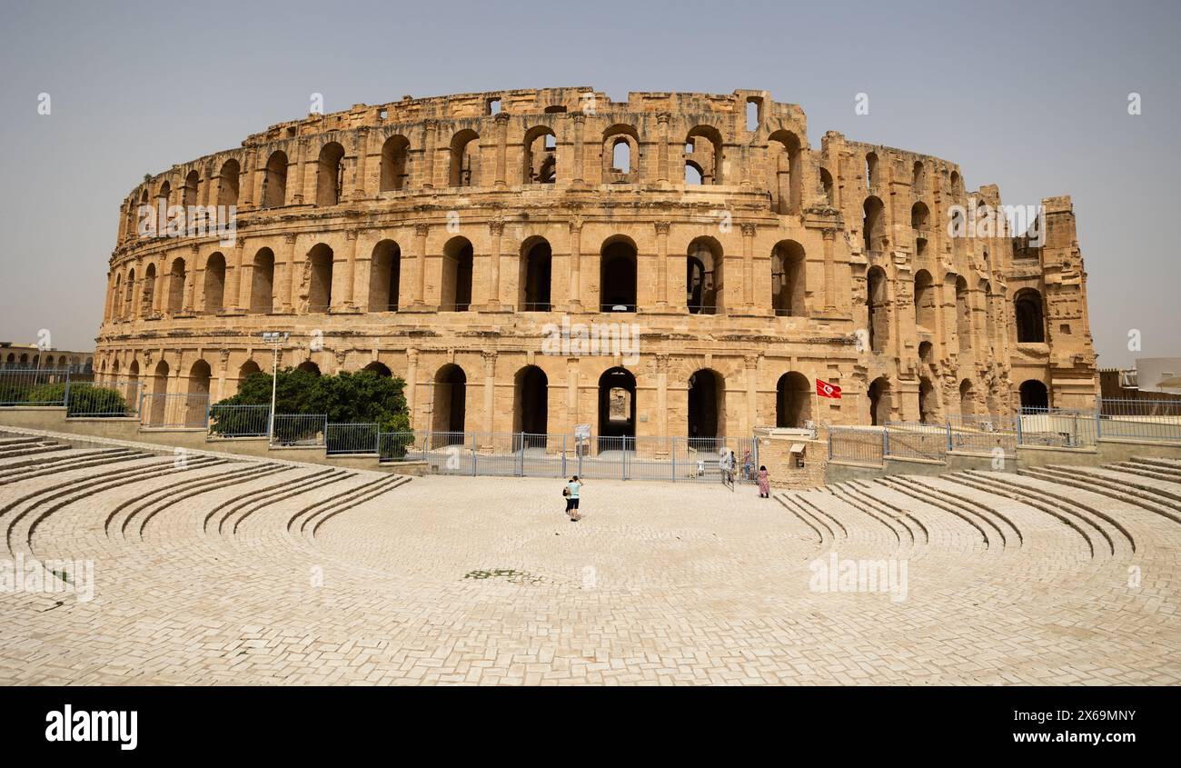 Ancient El Jem Amphitheatre under clear blue Tunisian sky Stock Photo ...