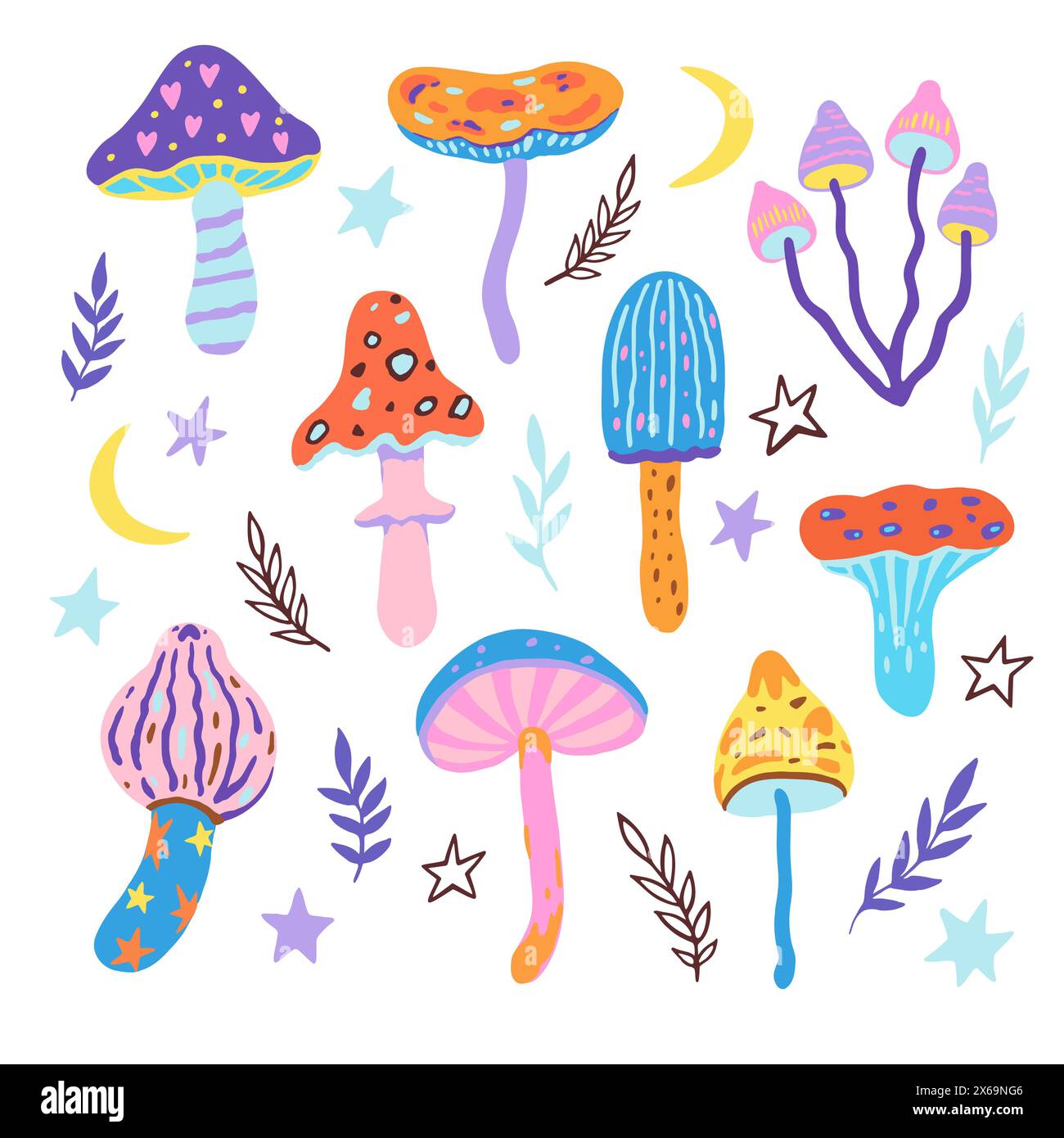 Set of doodle magic mushrooms. Vector illustration of fairy cartoon ...