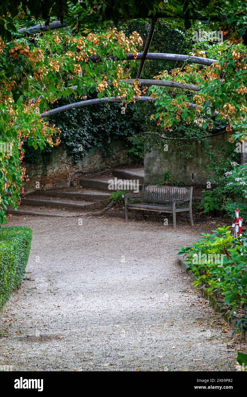 quiet pathway and park benches in the Giardino Bardini, Florence Italy ...