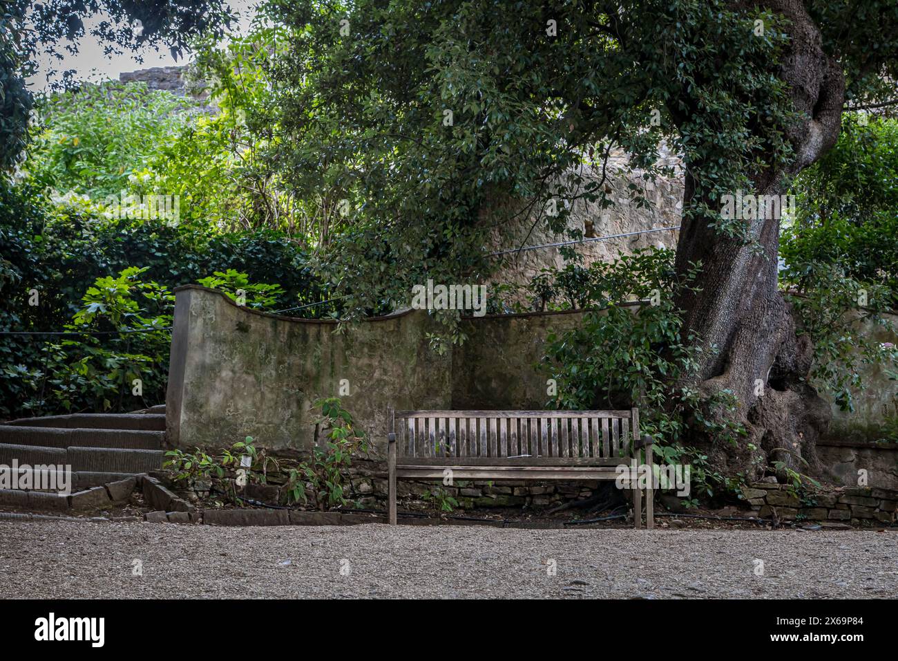 quiet pathway and park benches in the Giardino Bardini, Florence Italy ...