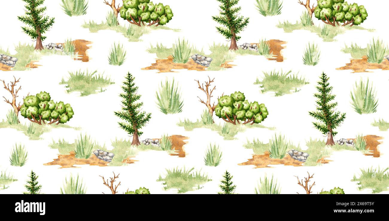 Natural landscape element pattern watercolor illustration. Forest ...