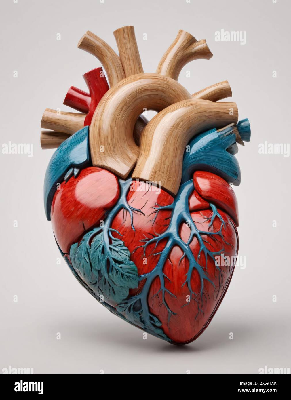 Human heart, semi-realistic representation. Wood texture natural and ...