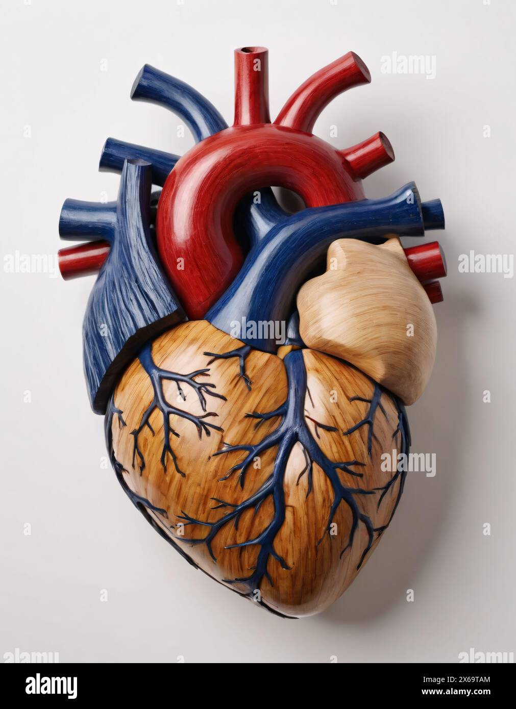 Human heart, semi-realistic representation. Wood texture natural and ...