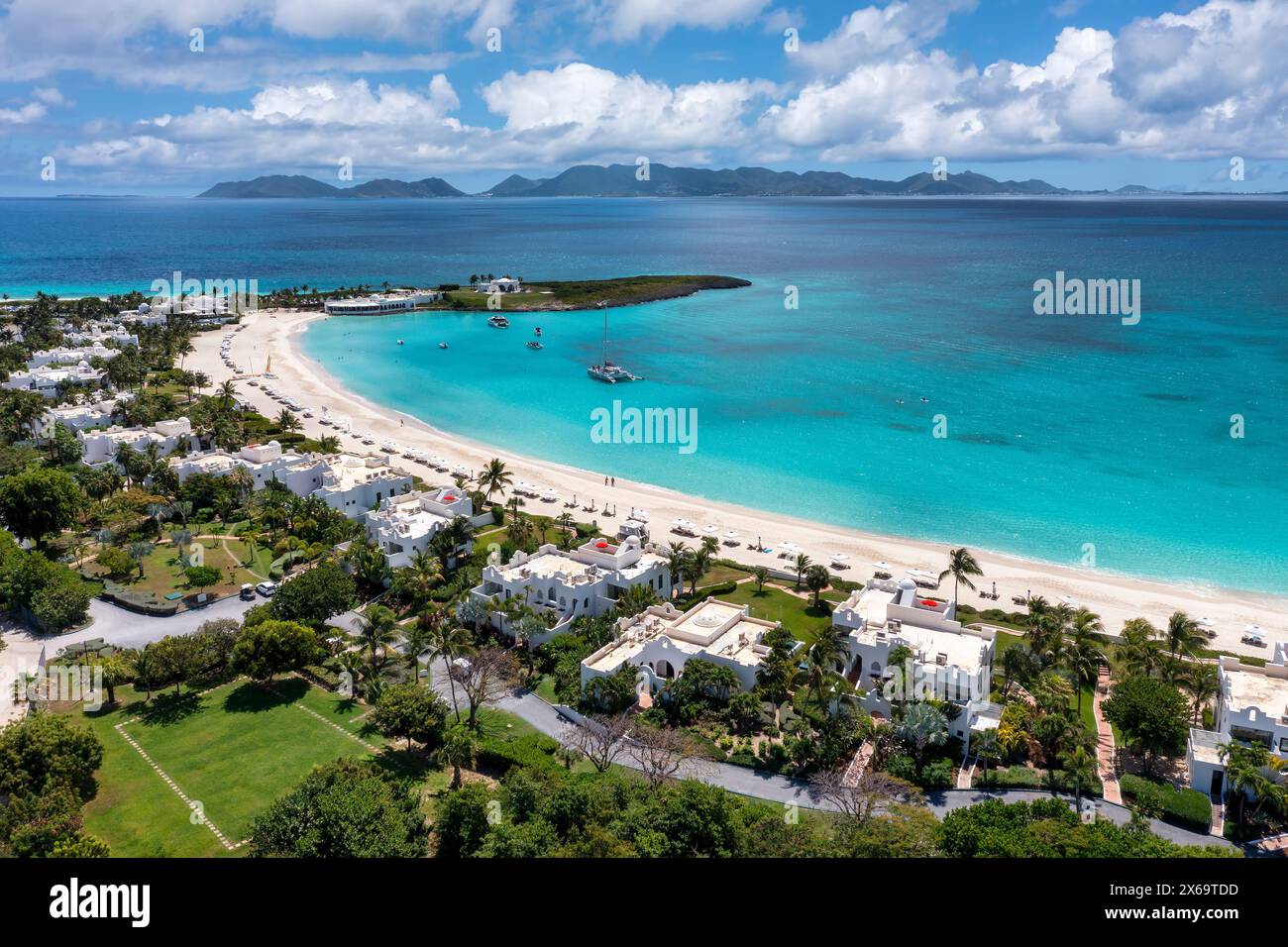 Aerial view of Maundays Bay and the circular beach at Cap Juluca with ...