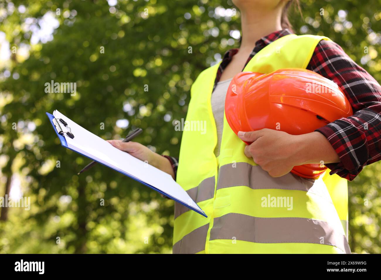 Forester with hard hat and clipboard examining plants in forest ...