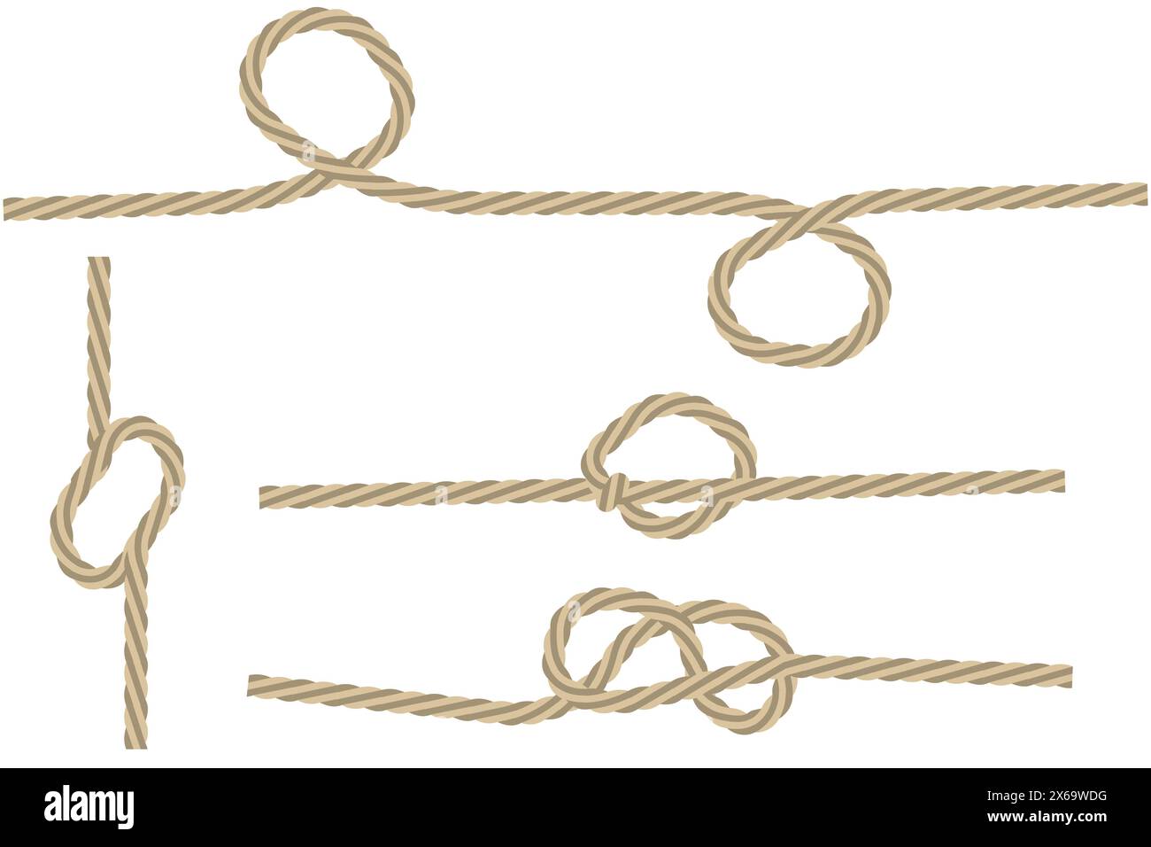 Vector rope knots. Nautical tying techniques. Beige twisted ropes ...