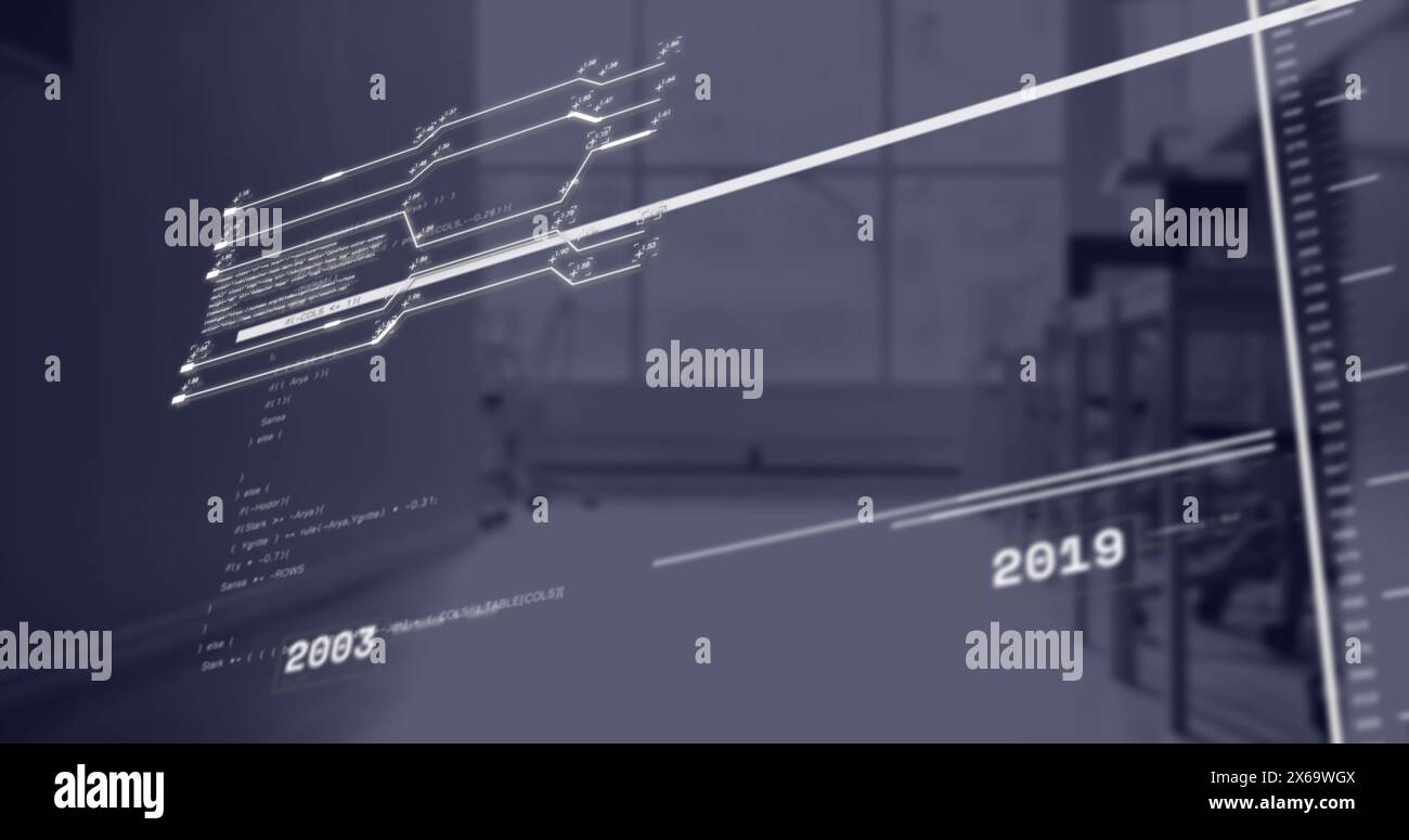 Image of interface with data processing against empty office Stock Photo - Alamy