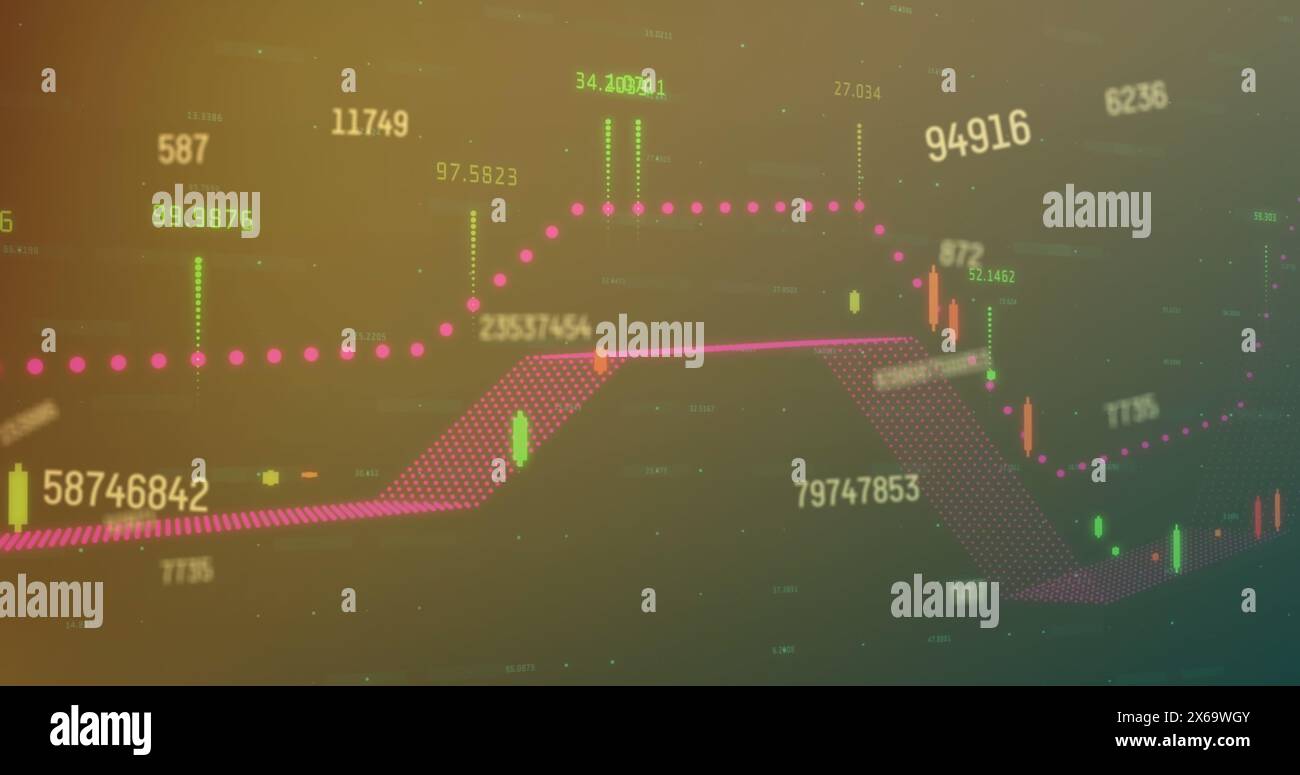 Image of changing numbers over multicolored graphs against black background Stock Photo - Alamy