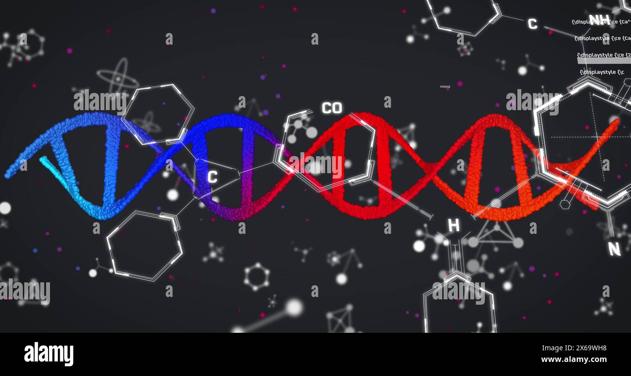 Image of dna, molecular and chemical structures against black ...