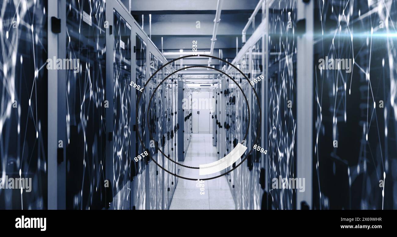 Image of round scanner and network of connections against computer ...