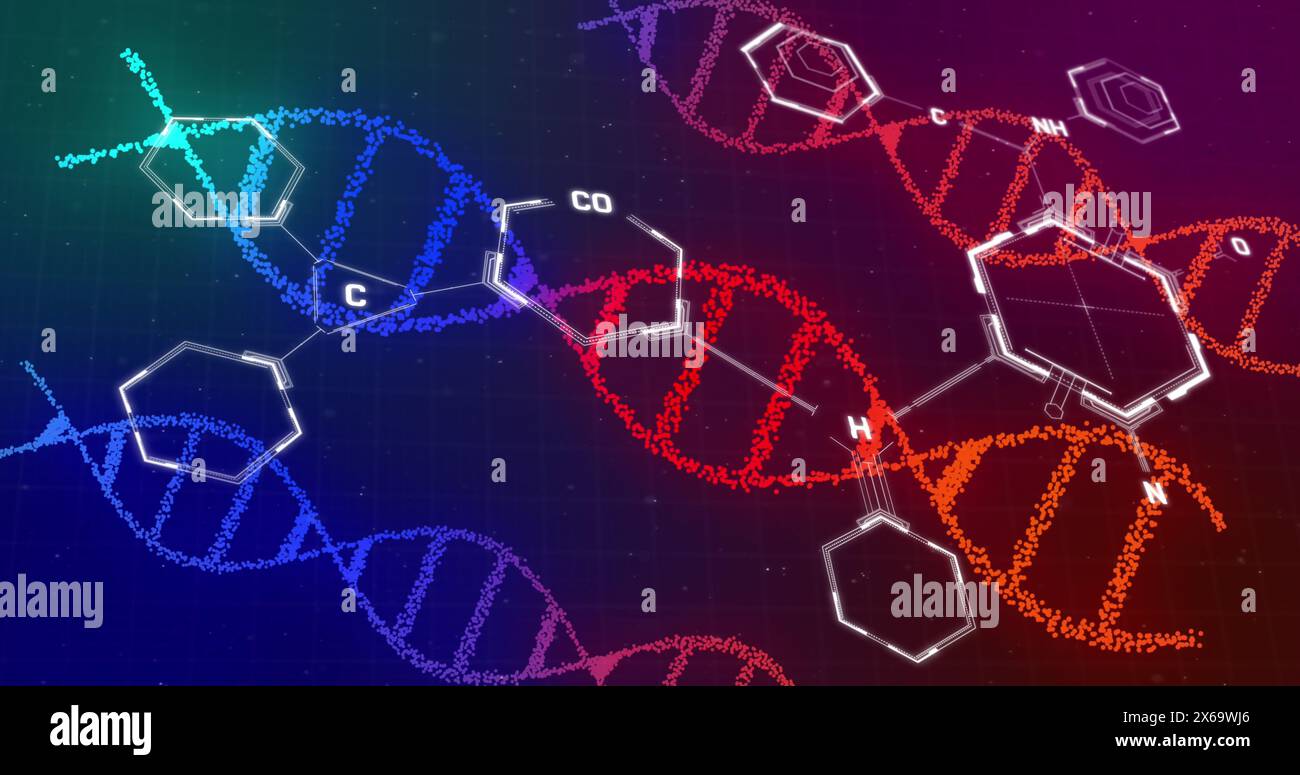 Image of dna and chemical structures against purple gradient background ...