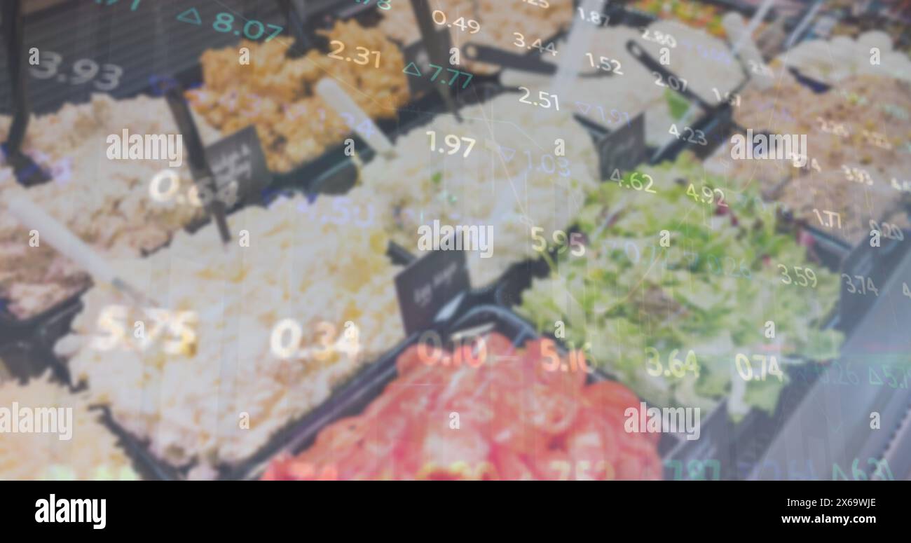 Image of graphs with numbers over various food arranged in buffet at ...