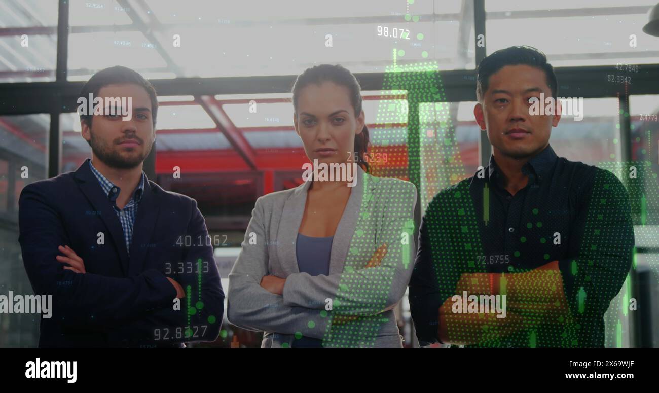 Image of graphs and numbers moving over confident biracial colleagues ...